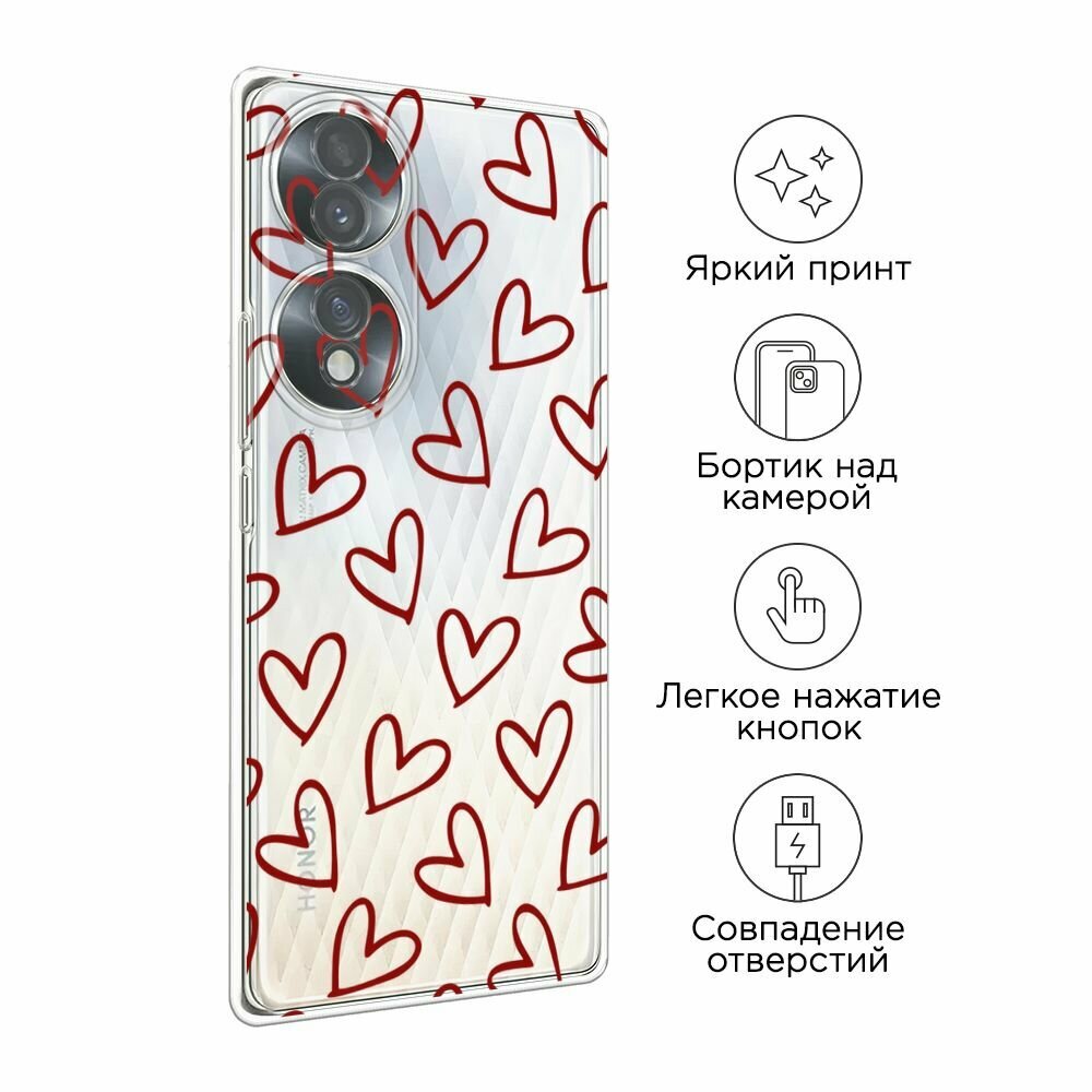 Чехол на Honor 70 / Хонор 70 с принтом "Little hearts doodles 2 - 14 февраля", прозрачный — фото 1