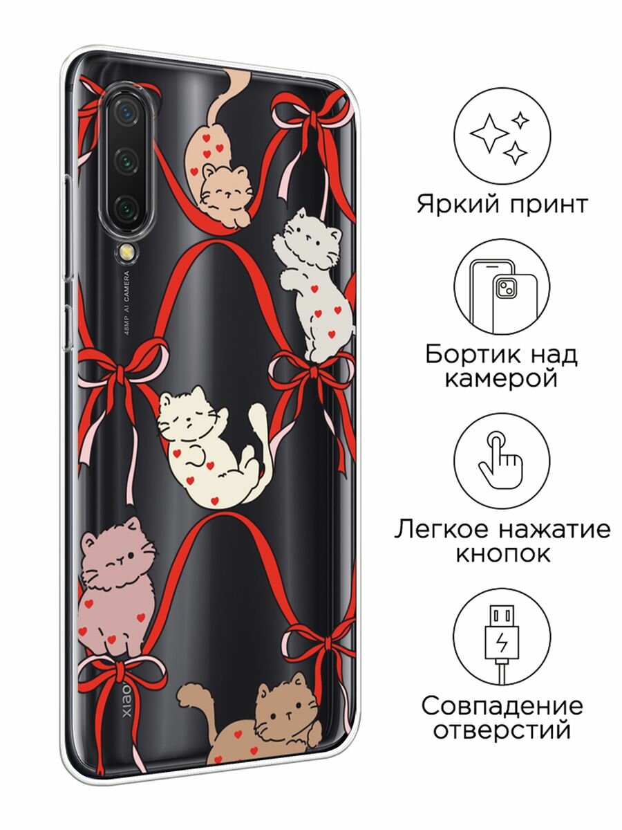 Чехол на Xiaomi Mi CC9/A3 Lite/9 Lite / Сяоми Mi CC9/A3 Lite/9 Lite с принтом "Котики в ленточках 2", прозрачный — фото 1