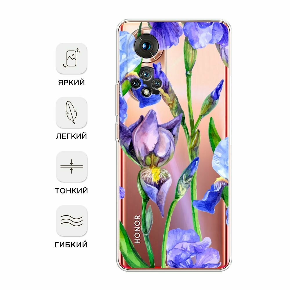 Чехол на Honor 50/Huawei Nova 9 / Хонор 50/Хуавей Нова 9 с принтом "Синие ирисы", прозрачный — фото 1
