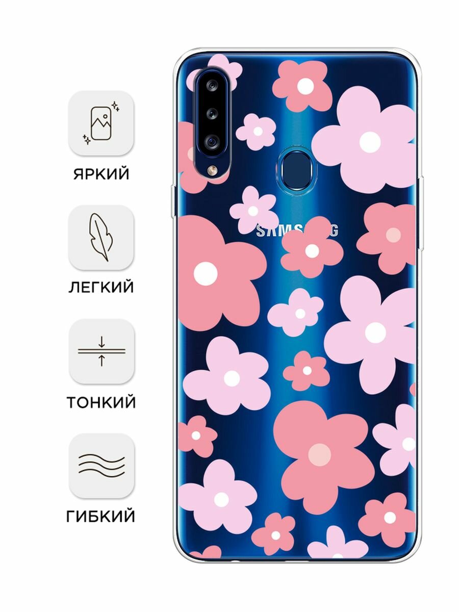 Чехол на Samsung Galaxy A20s / Самсунг Галакси A20s с принтом "Нежные розовые цветочки рисунок", прозрачный — фото 1