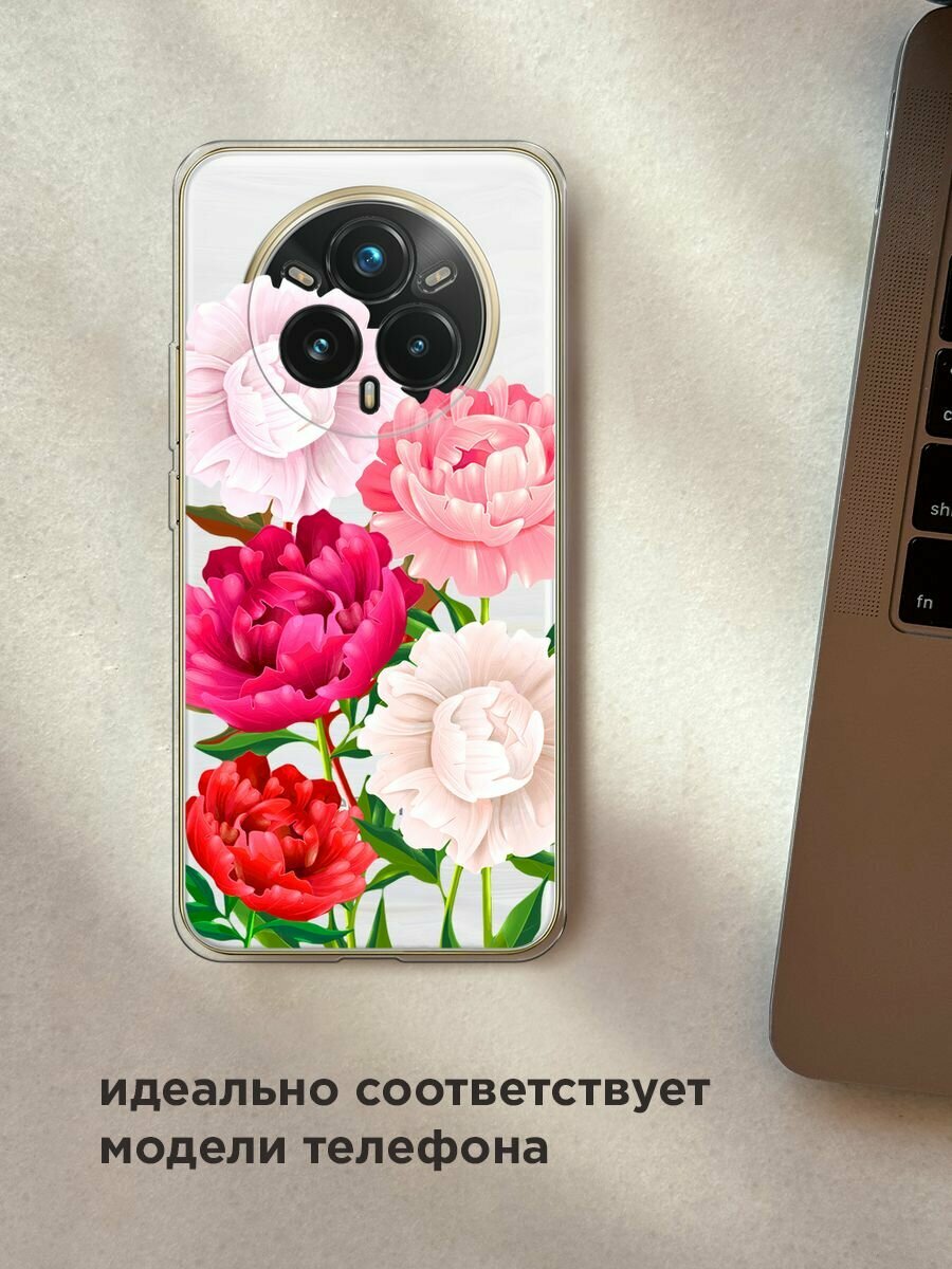 Чехол на Realme 14 Pro+ / Реалми 14 Про+ с принтом "Большие пионы", прозрачный — фото 1