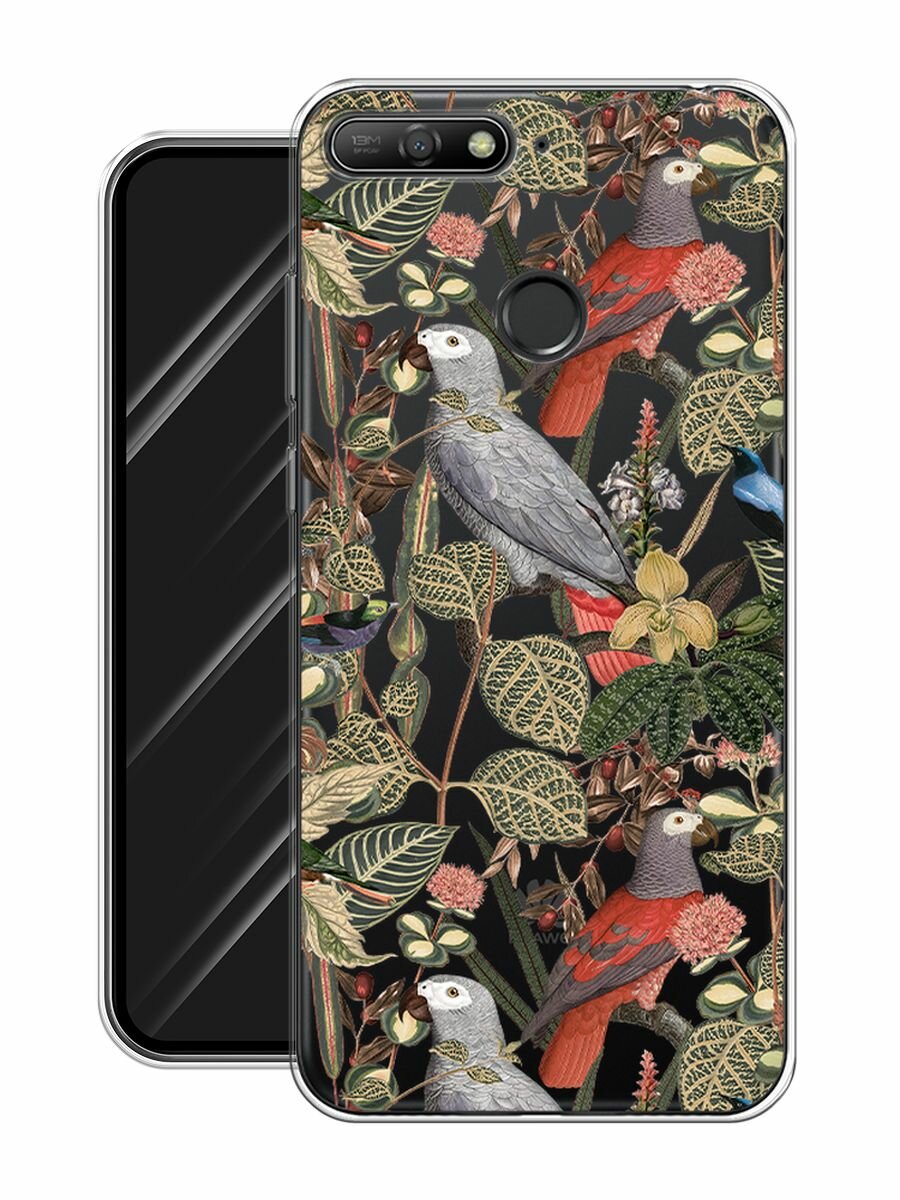Чехол на Honor 7C/7A Pro/Huawei Y6 Prime 2018 / Хонор 7С/7А Про с принтом "Tropical pattern", прозрачный — фото 1