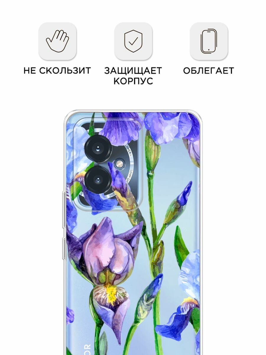 Чехол на Honor 100 / Хонор 100 с принтом "Синие ирисы", прозрачный — фото 1