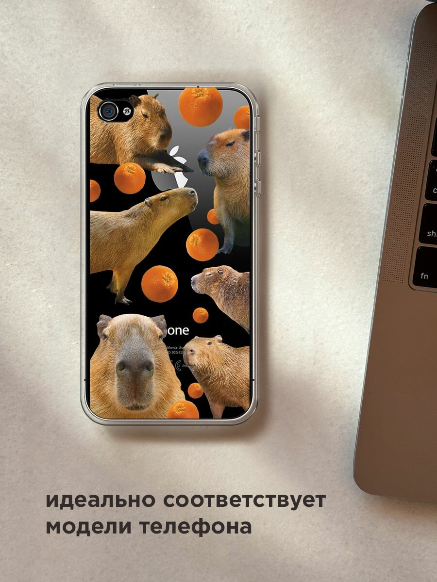 Чехол на Apple iPhone 4/4S / Айфон 4/4S с принтом "Капибара и апельсины", прозрачный — фото 1