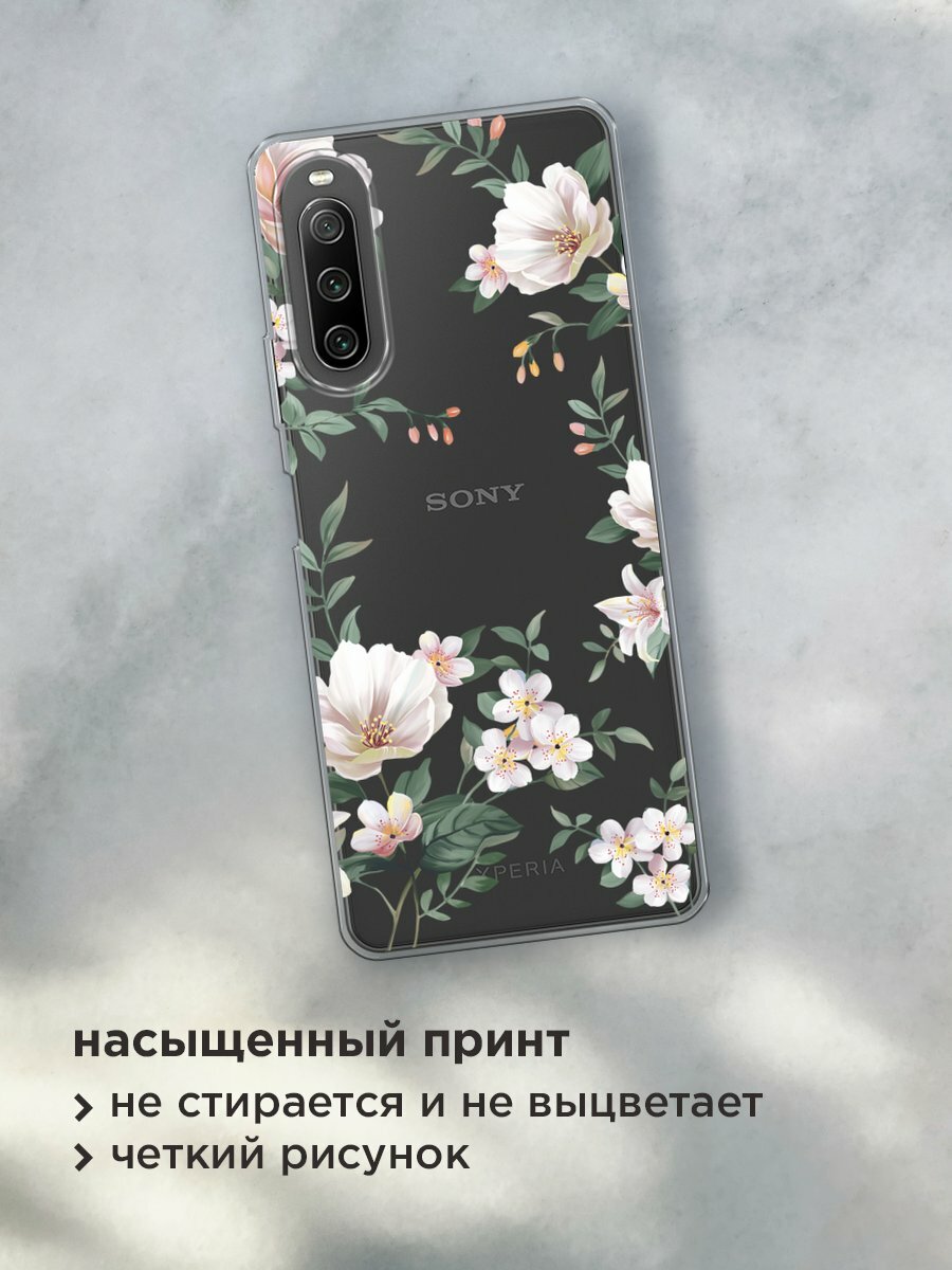 Чехол на Sony Xperia 10 IV / Сони Иксперия 10 IV с принтом "Beautiful white flowers", прозрачный — фото 1
