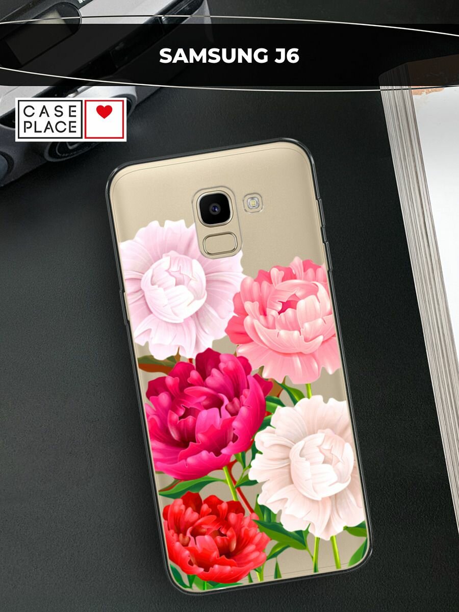 Чехол на Samsung Galaxy J6 2018 / Самсунг Галакси Джей 6 2018 с принтом "Большие пионы", прозрачный