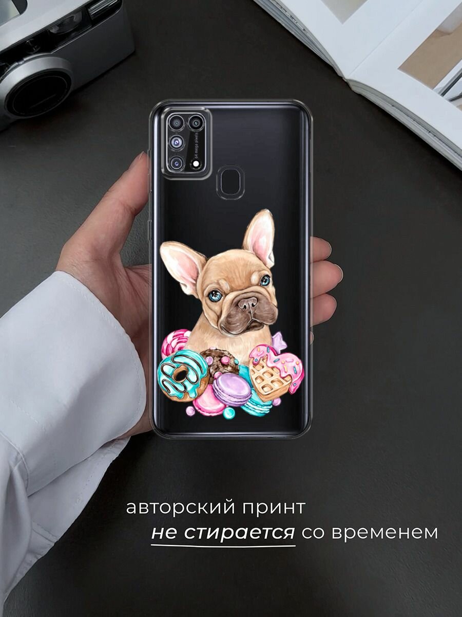 Чехол на Samsung Galaxy M31 / Самсунг Галакси М31 с принтом "Бульдог и сладости", прозрачный — фото 1