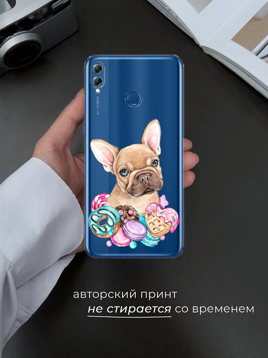 Чехол на Honor 8X / Хонор 8Х с принтом "Бульдог и сладости", прозрачный — фото 1