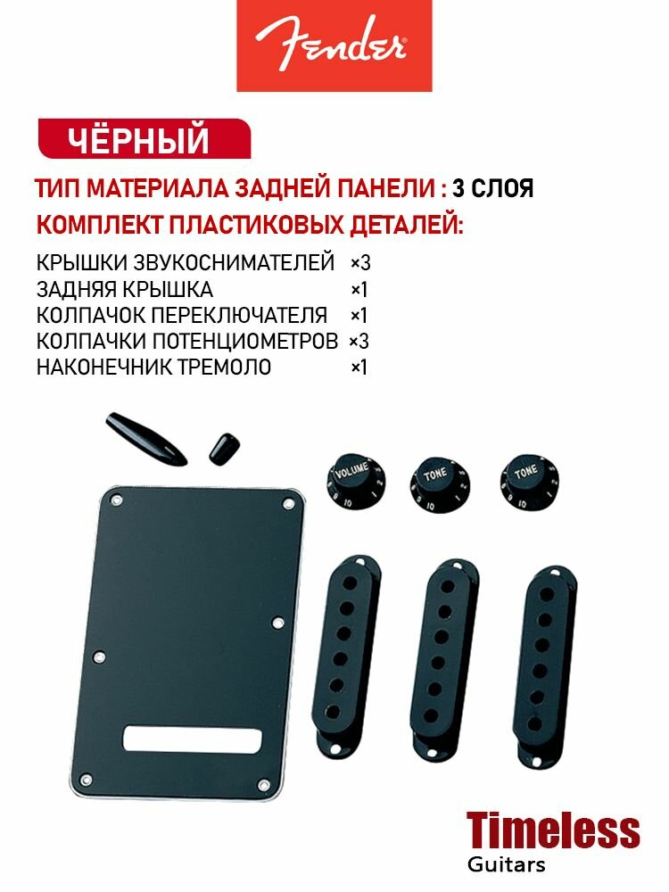 Пластиковый набор для Fender: крышки звукоснимателей, задняя крышка, колпачки переключателя, колпачки потенциометров и наконечник тремоло.