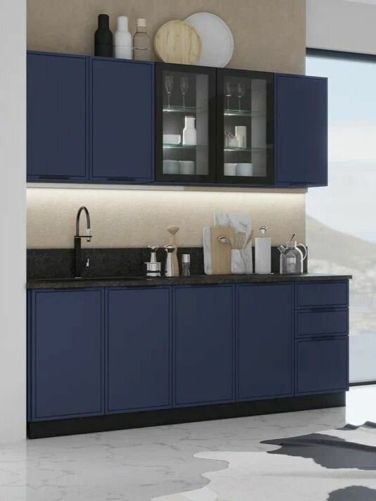 Кухонный гарнитур Николь 2м холст сапфировый/корпус графит со столешницей миф