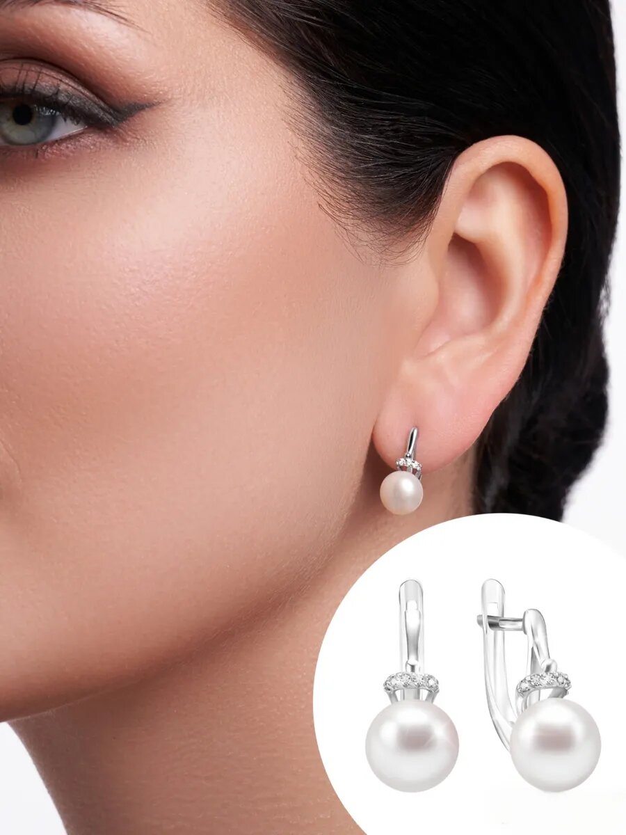 Серьги, серебро, 925 проба, родирование, фианит, жемчуг культивированный