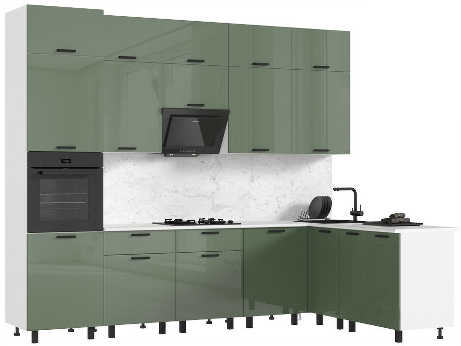 Угловая кухня 3,0х1,8/1080м Компоновка №6, Белый/Олива глянец