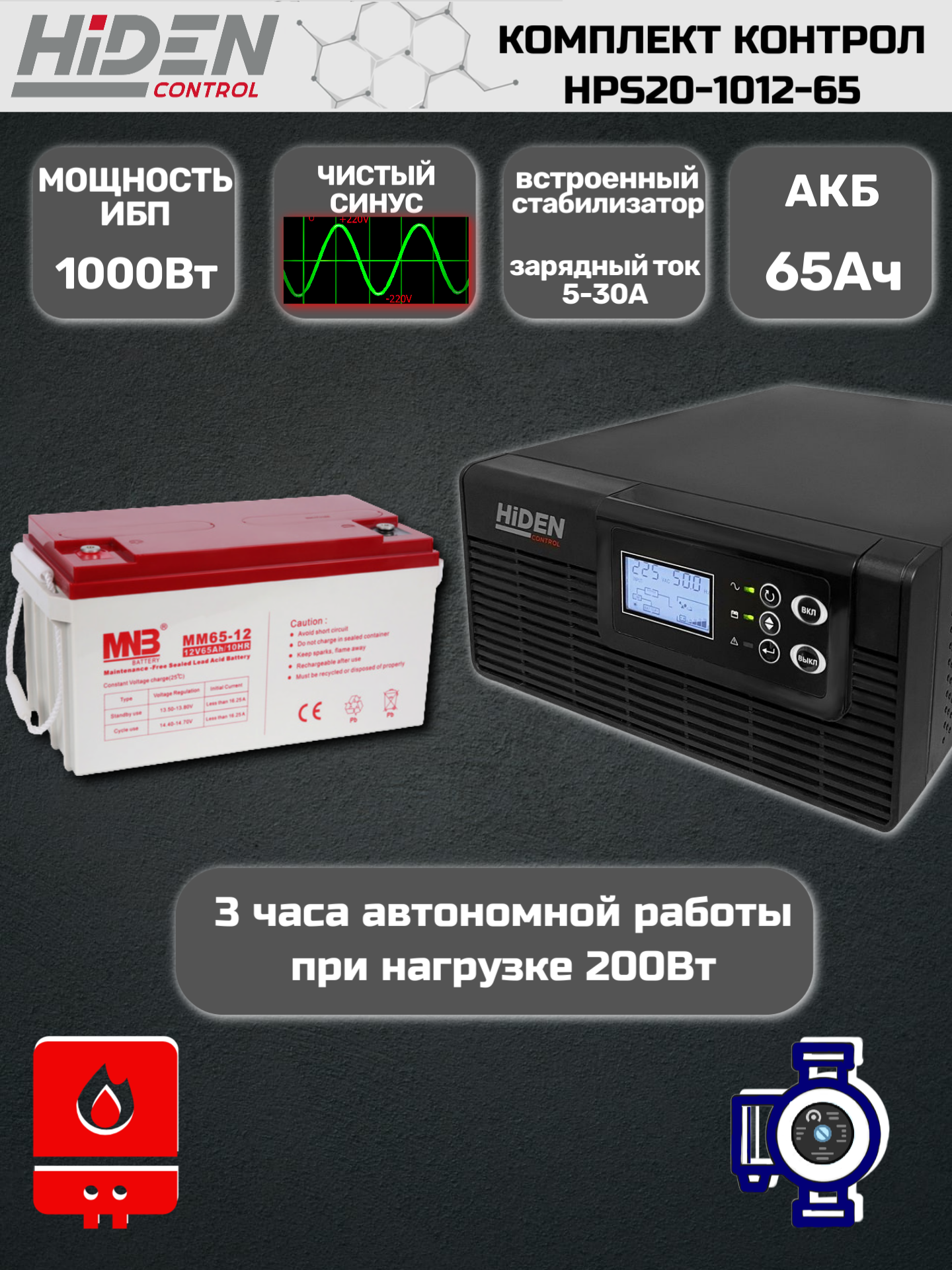 Комплект ИБП Контрол HPS20-1012-65 для газового котла и циркуляционных насосов (1000Вт, 65Ач)