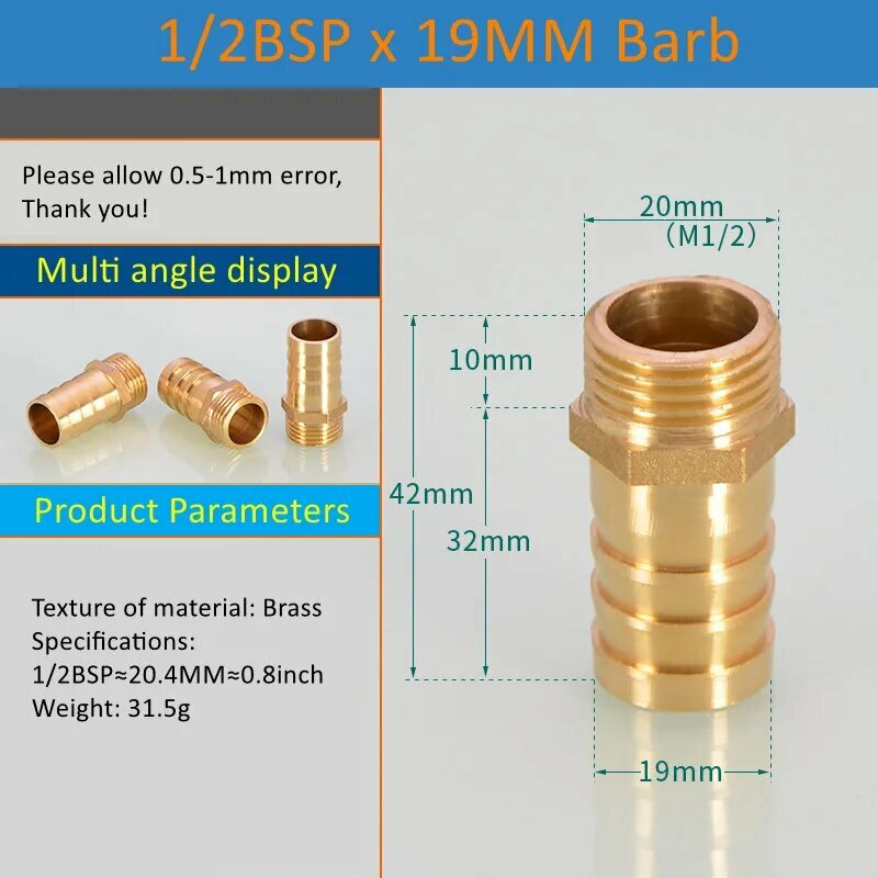 Латунные фитинги для труб 6/8/10/12/14/16 мм 1l2BSP 19mm Barb M