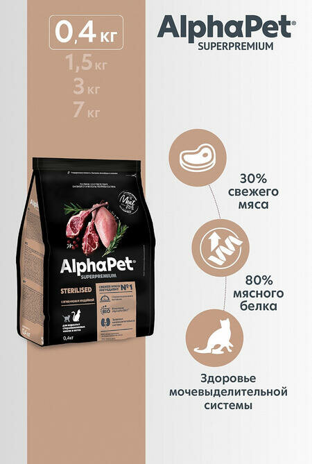 ALPHAPET SUPERPREMIUM STERILISED 400 гр сухой корм для взрослых стерилизованных кошек и котов с ягненком и индейкой