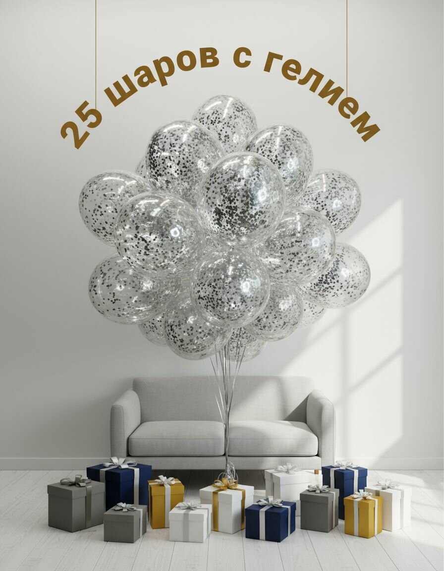 Воздушные гелиевые шары под потолок, надутые в фонтан из прозрачных латексных шаров с конфетти, 25 шт