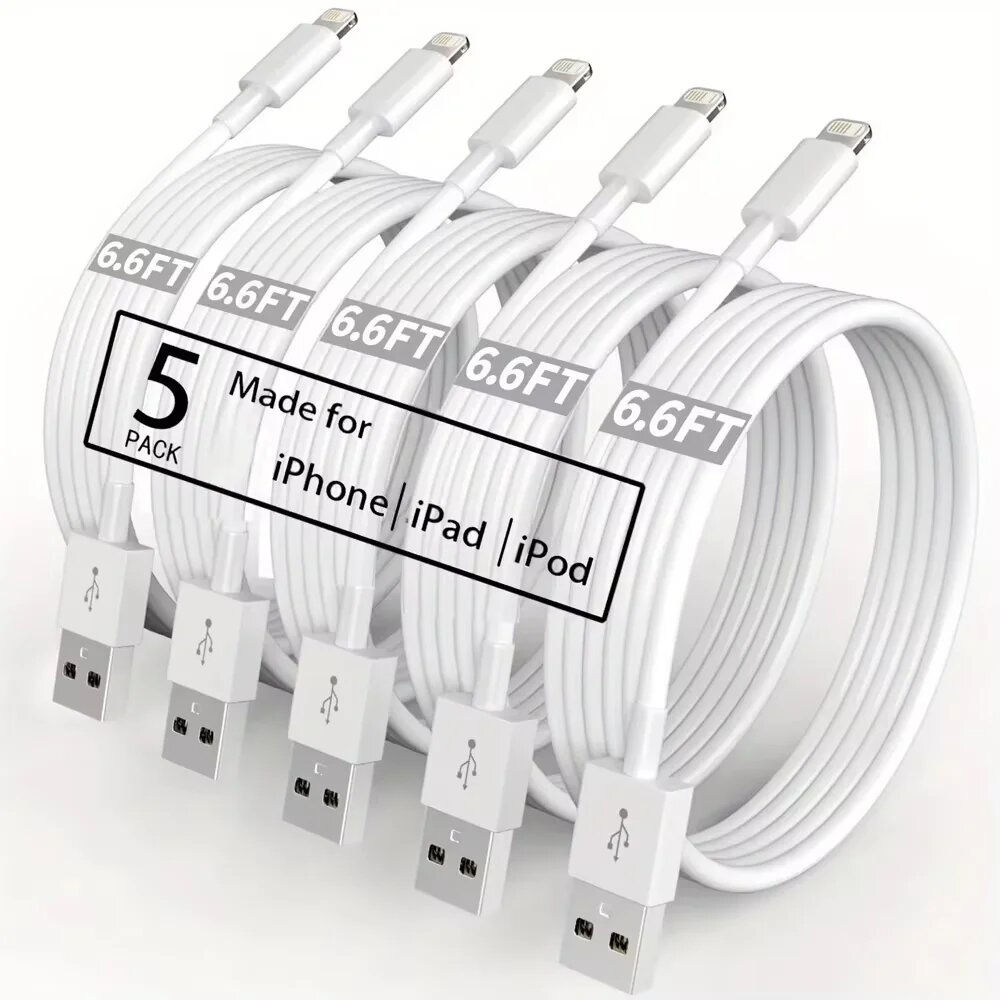 5 шт. в упаковке 2 м 6,6 фута TPE USB A к Lightning зарядный кабель для iPhone 14 13 12 11Pro X XR XS Max 8 7Plus 2,4A USB-ка.