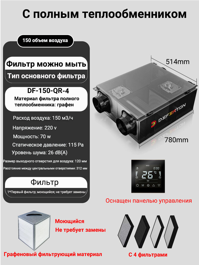 Kанальный вентилятор С полным теплообменником, объем воздуха 150 м*/ч, Коэффициент рекуперации тепла >80%, Фильтрующий элемент из графена, 4-х слойный тип очистки фильтра