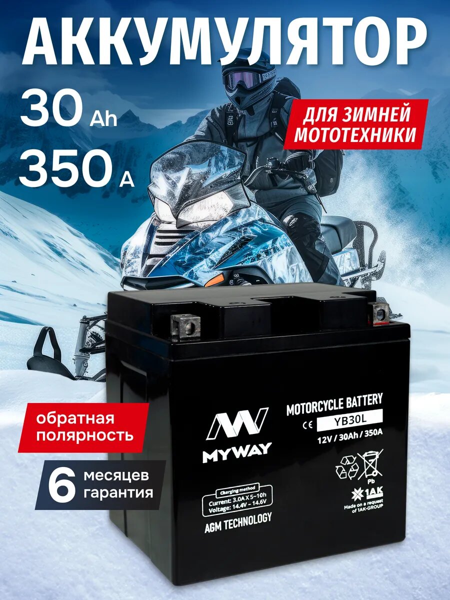 Акб на мотоцикл 12в 30ач AGM, трицикл, квадроцикл, питбайк