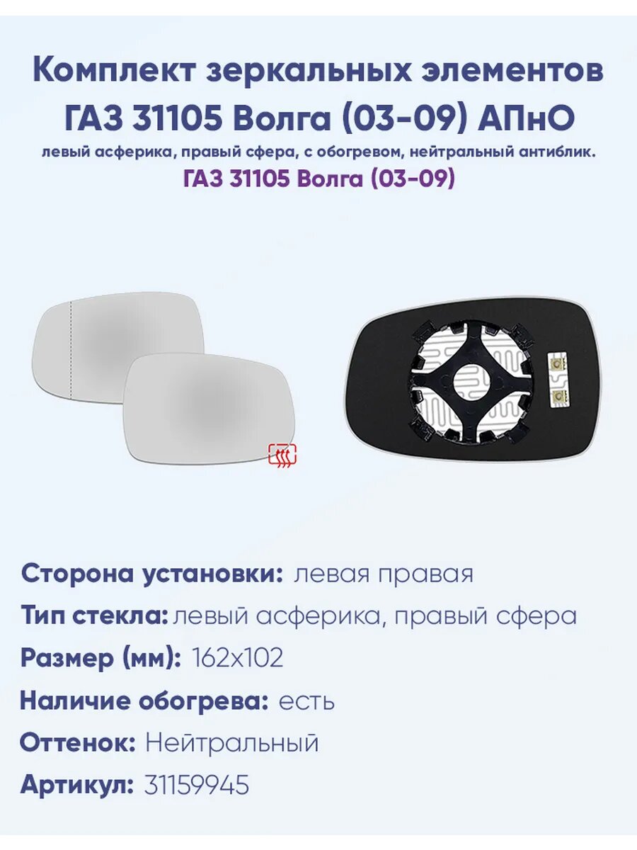 Комплект зеркальных элементов ГАЗ 31105 Волга (03-09) АПнО