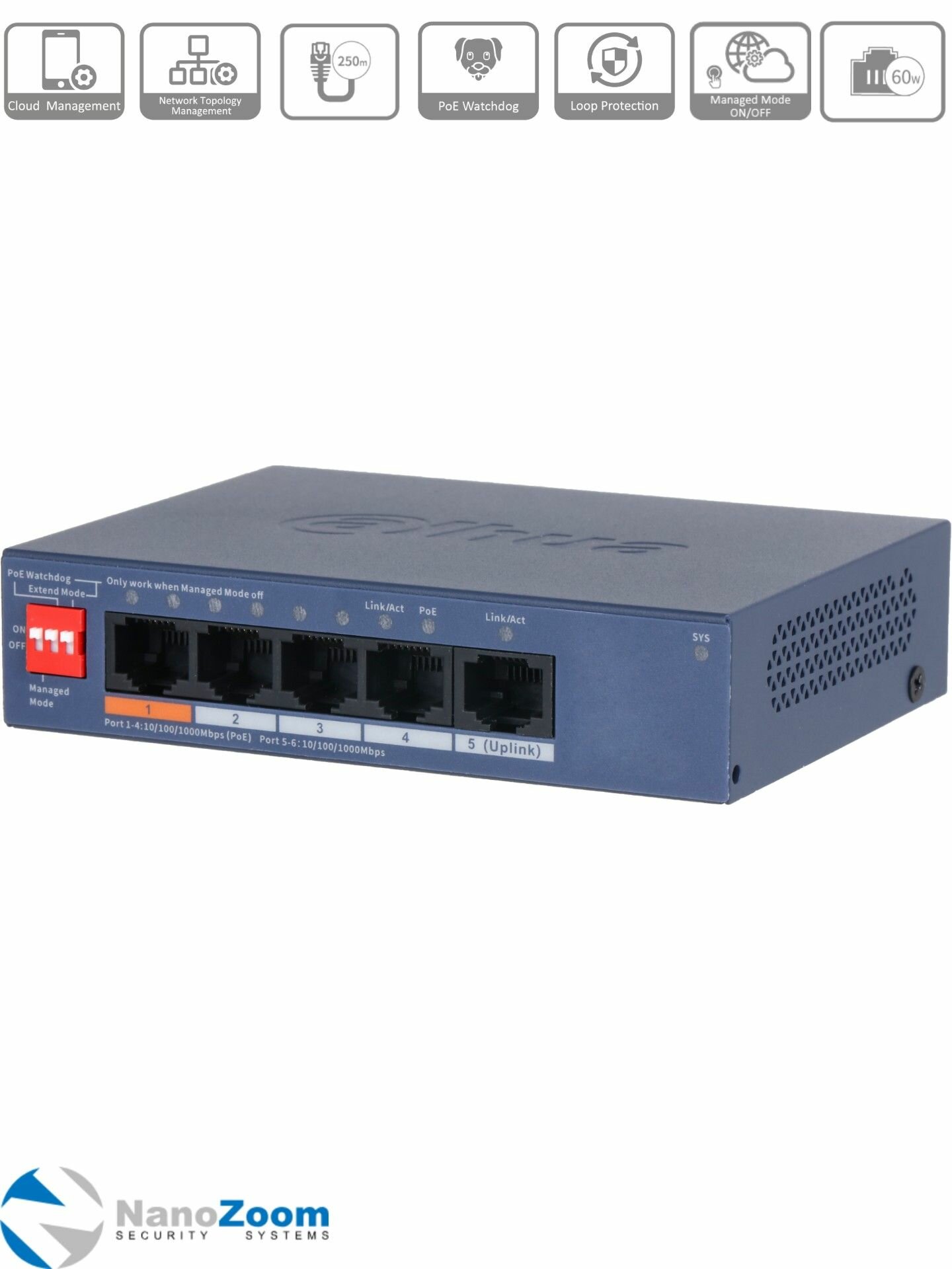 Dahua DH-CS4005-4GT-60 5-портовый управляемый коммутатор с 4 РоЕ до 60Вт