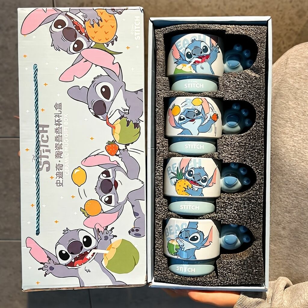 Набор кружек 4 шт Стич (Stitch) Disney, 300 мл, керамические, подарочная коробка, милые кружки для кофе, чая, подарок