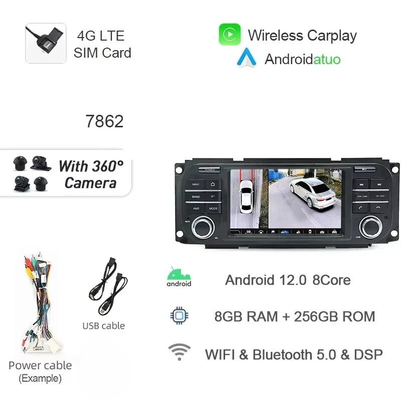 Автомобильный радиоприемник Carplay Android 14, 12 + 256 ГБ, GPS-мультимедийный 7862 256G 360 CAM