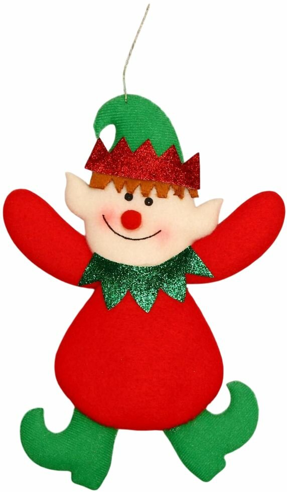 Мягкая елочная подвеска-игрушка "Пляшущий эльф", размер 10х17 см, тканевый новогодний декор на ёлку, текстиль, цвет зелёный и красный