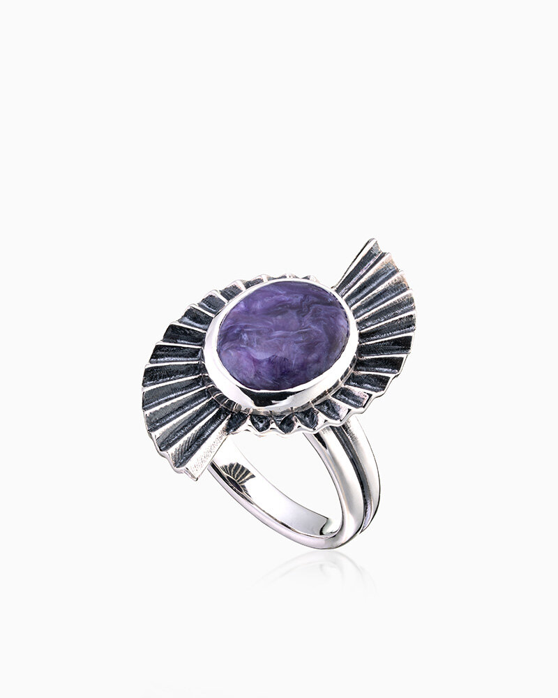 Кольцо широкое, серебро, 925 проба, чароит