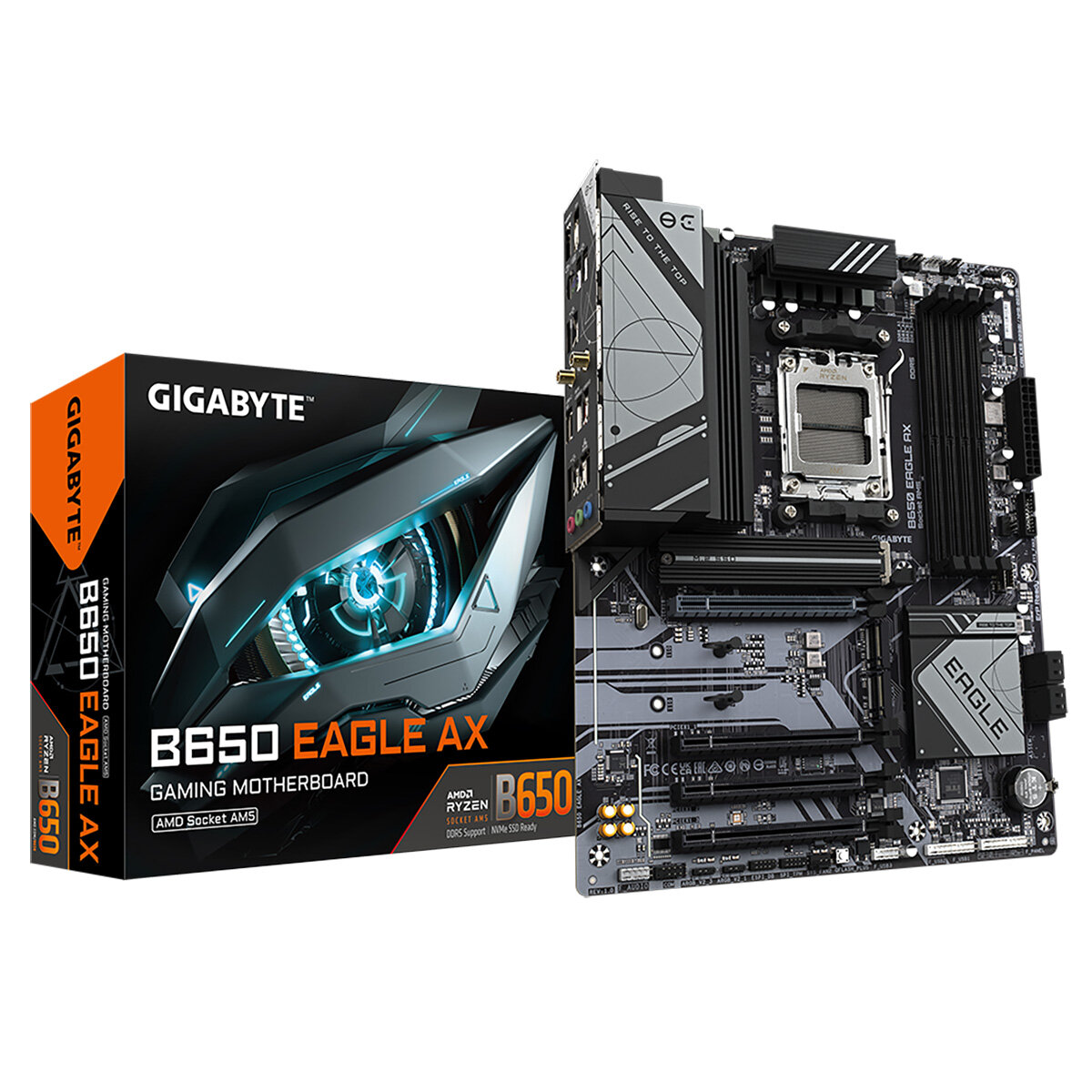 Материнская плата Gigabyte B650 EAGLE AX, уц-3 Socket AM5, AMD B650, 4xDDR5-5200, HDMI+DP, 4xPCI-Ex16, 4xSATA3(RAID 0/1/10), 3xM.2, 8 Ch Audio, GLan, WiFi, (6+6)xUSB2.0, (2+2)xUSB3.2, (1+1)xUSB3.2 Type-C™, 1xPS/2, ATX, RTL