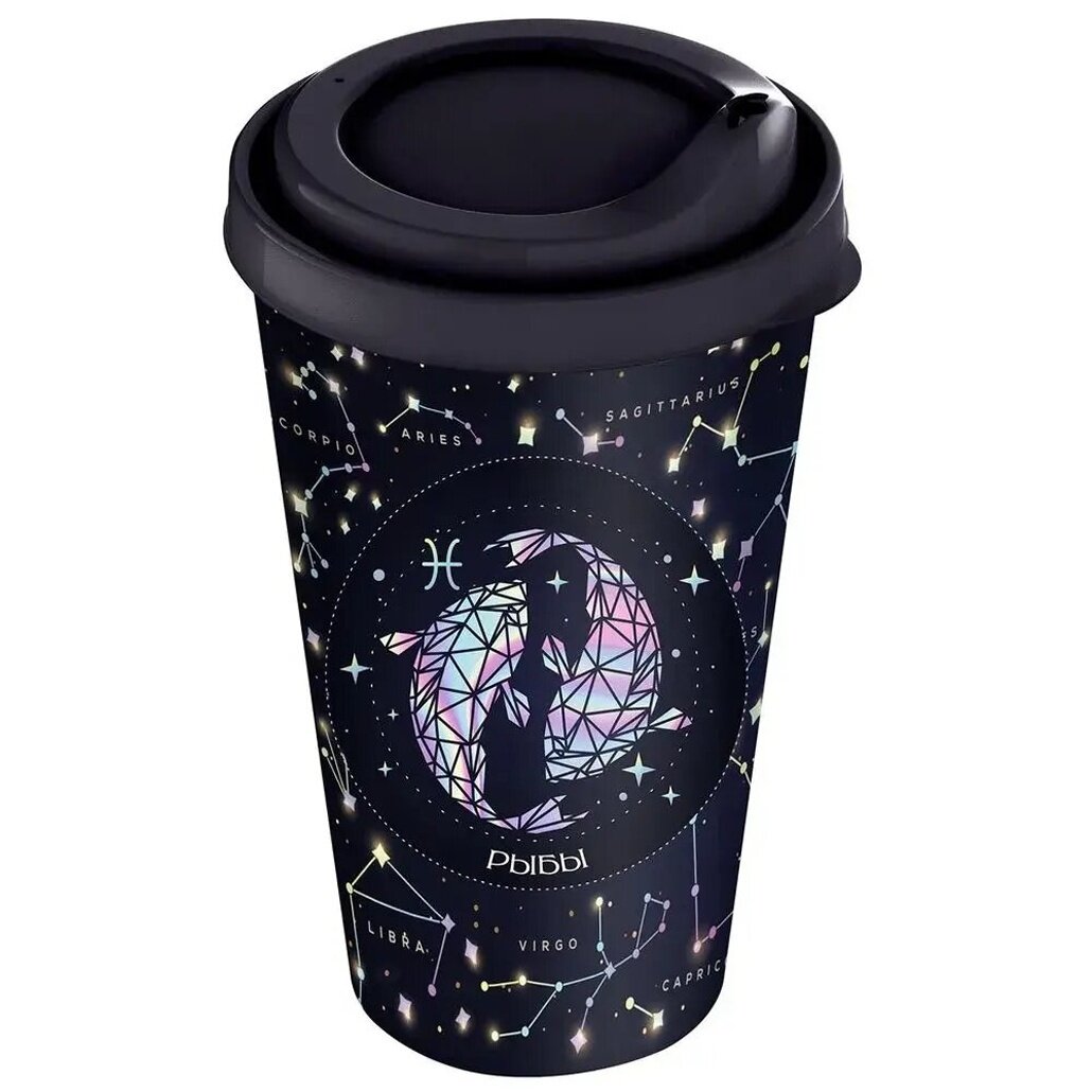 Стакан с крышкой, 550мл, "Знаки Зодиака микс", пластик, черный цвет, удобство для напитков