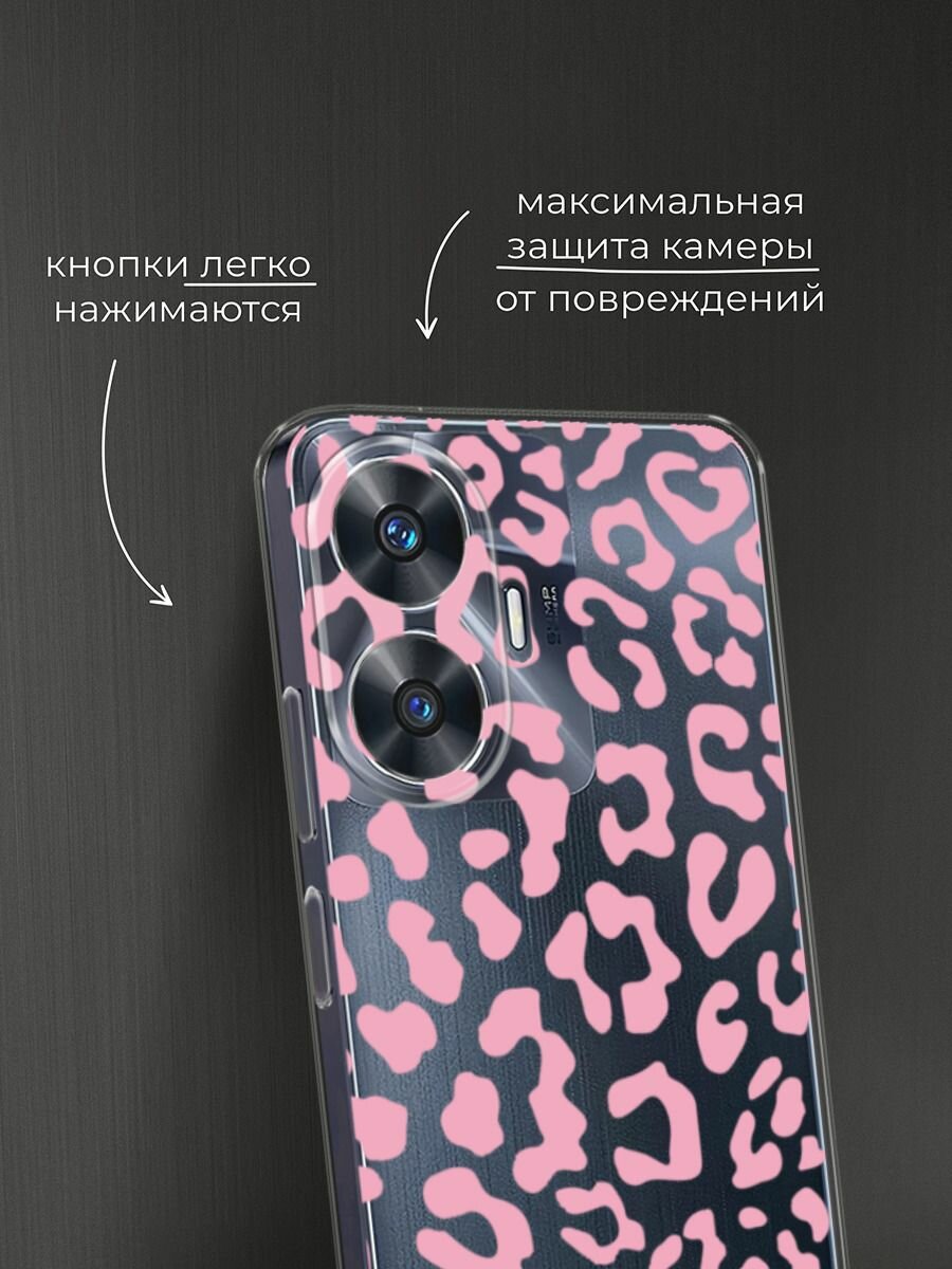 Чехол на Realme C55 / Реалми C55 с принтом Паттерн розовый леопард, прозрачный — фото 1