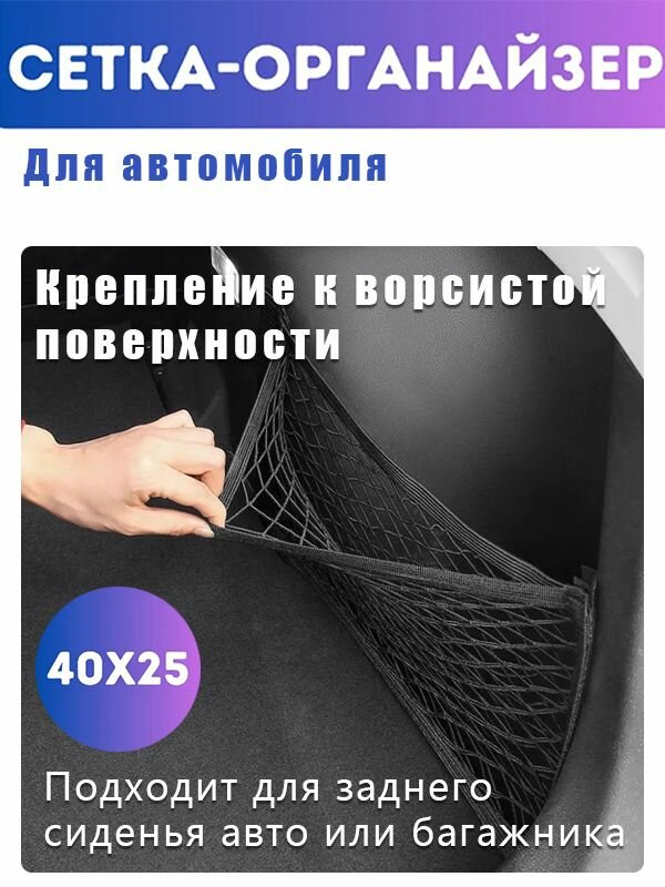 Сетка в багажник, сетка органайзер для автомобиля, черная, 40х25см