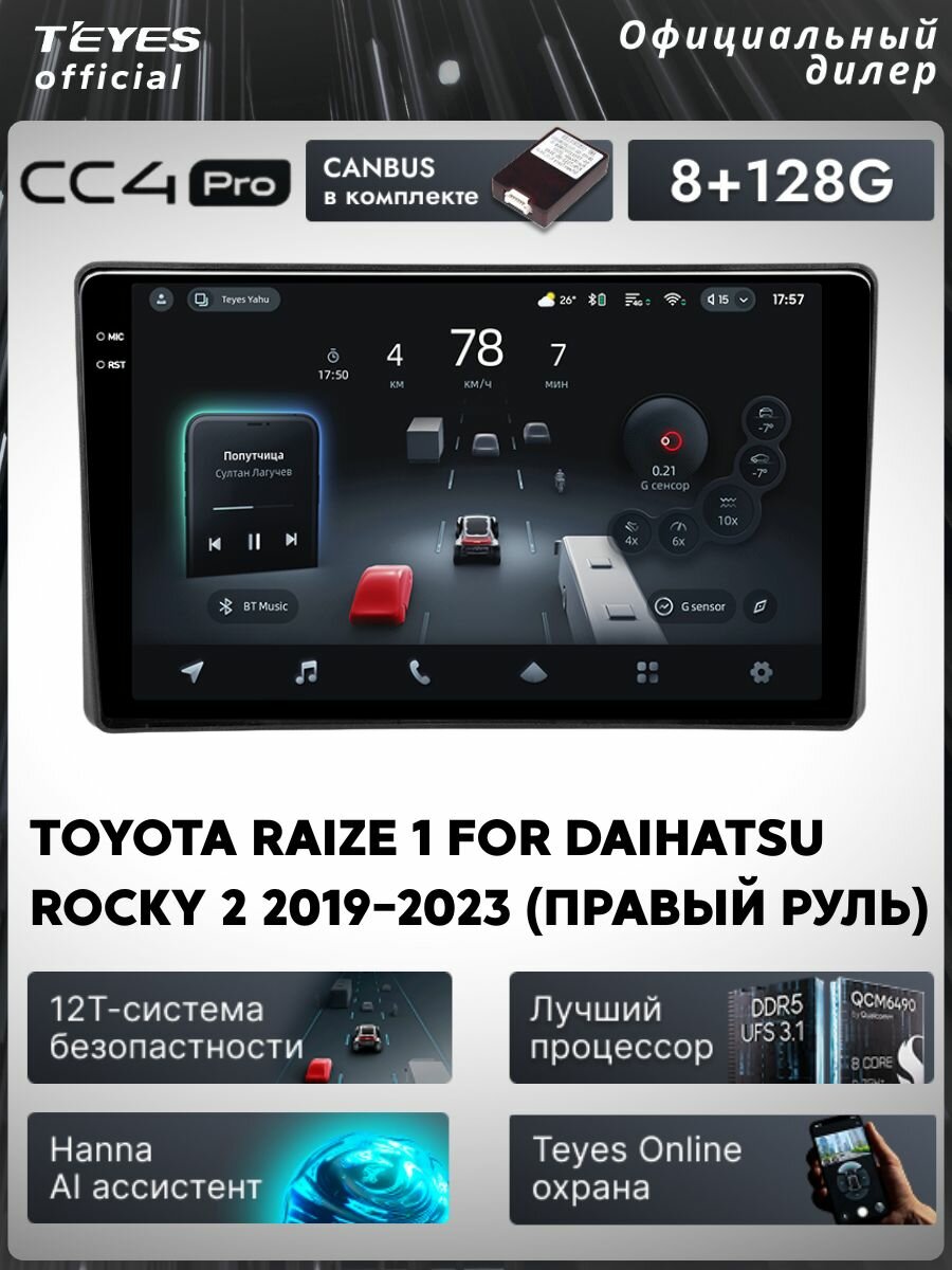 Магнитола Toyota Raize / Daihatsu Rocky 2 2019-2023 (RHD) Teyes CC4 Pro 8/128GB, штатная магнитола, 8-ми ядерный проце