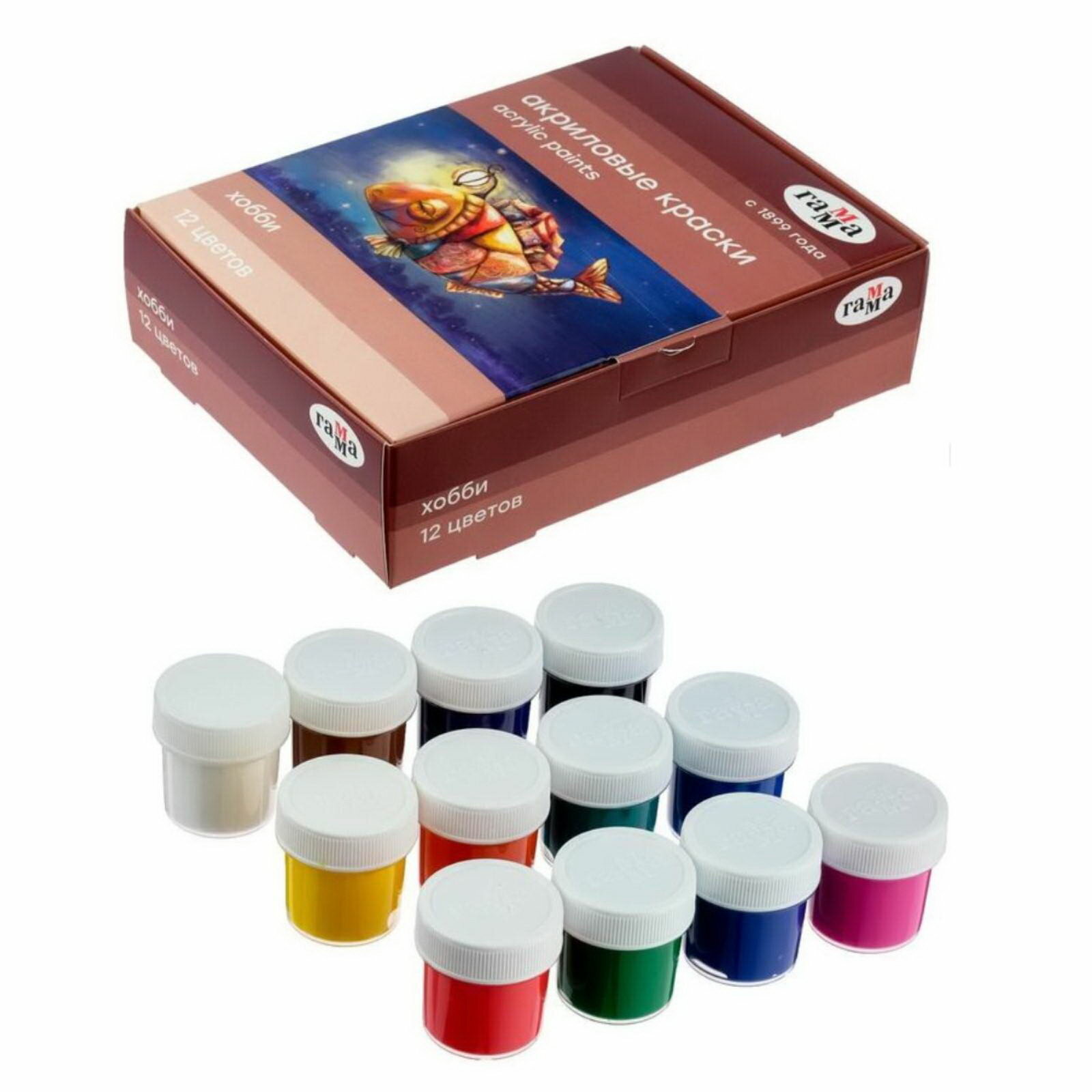 Краска акриловая, набор 12 цветов x 20 мл, "Хобби", морозостойкая, глянцевая