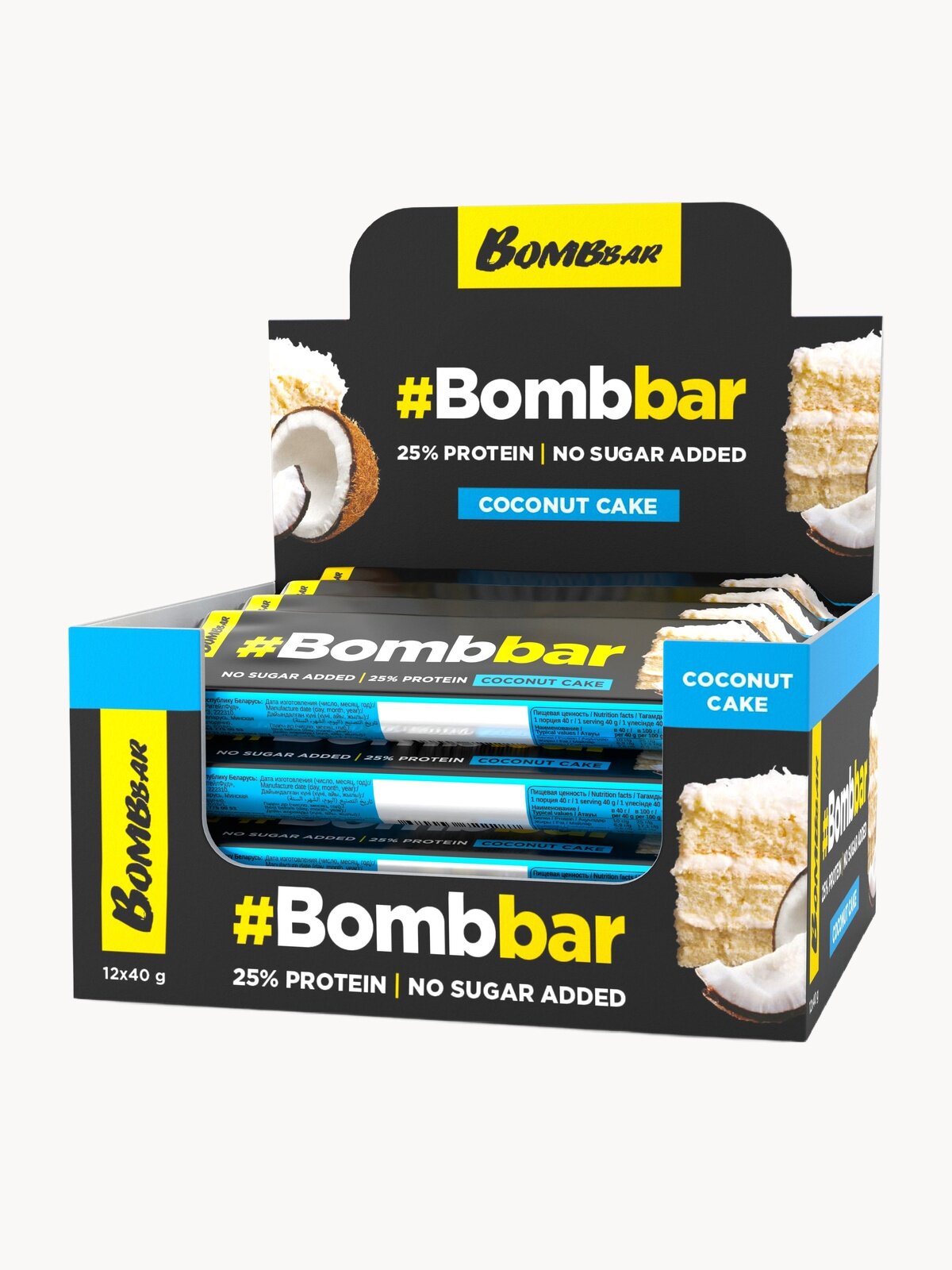 Bombbar Протеиновые батончики в шоколаде без сахара Кокосовый торт, 12шт х 40г