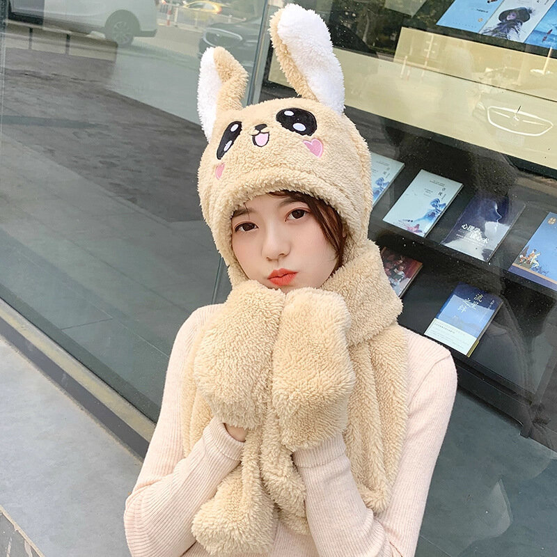 Универсальная женская шапка и шарф на осень и зиму, детская шапка, милая плюшевая шапка для защиты ушей с кроличьими ушками, которая двигается, когда вы ее зажимаете.