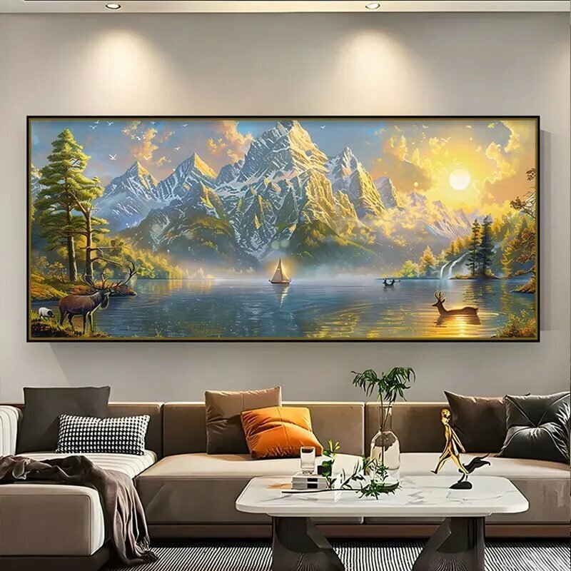 Алмазная мозаика 100х50см (94х44см) на холсте без подрамника "Осенний пейзаж", полный макет/ роспись стразами/ алмазная вышивка