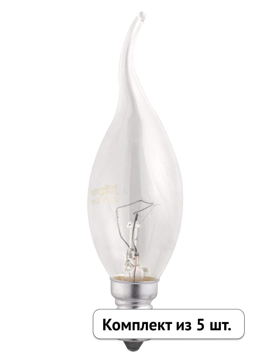 Лампочка накаливания Jazzway 60Вт, 380Лм, 2700К, E14, СТ35, прозрачная свеча на ветру (комплект из 5 шт.)