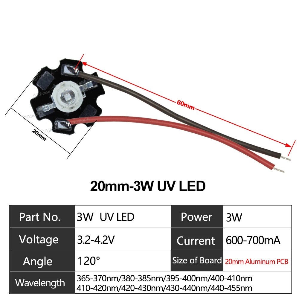 OTdiode 3W 3535 УФ светодиод фиолетовый 3W LED On 20mm, 380-385nm