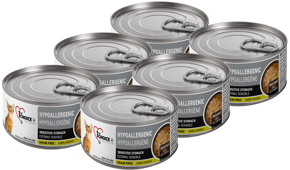 Корм влажный 1st Choice Cat Adult Hypoallergenic беззерновой для взрослых кошек при аллергии, утка картофель и тыква, 85 г х 6 шт