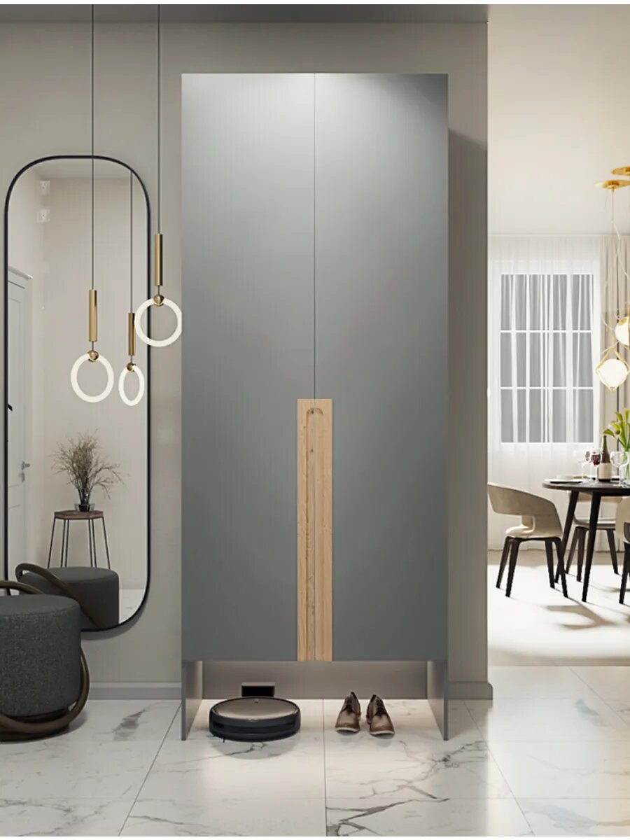 Casa Mia 80х210х55 см. Детский шкаф для одежды в прихожую 2-дверный с подсветкой, серый, ручка из массива дуба