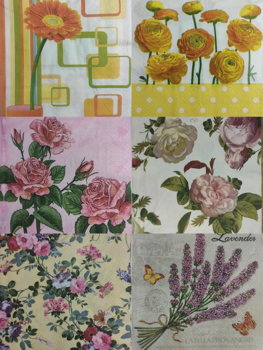 Салфетки бумажные для декупажа, набор цветы № 2 из 6 штук разного дизайна . 33*33, 3-х/2-х слойные
