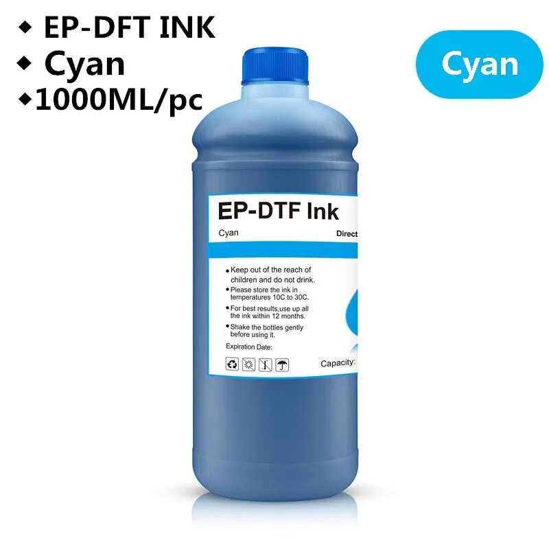 Чернила Модель: DTF INK Цвет: BK C M Y WH Вместимость: 1000мл Чернила: чернила для краски Модель применения: 3200 1600 DX5 DX7 DX7 TX800 XP600 F2000 3900 4900 Производится в китае Срок годности: 24 месяца, совместимый, Голубой (cyan), 1 шт