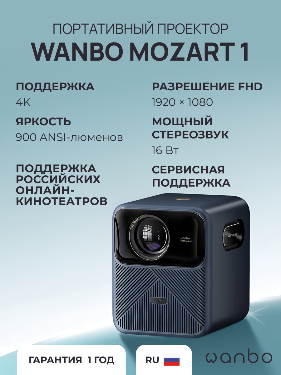 Проектор Wanbo Mozart 1 Blue (1920*1080/2+32G/Android 9/900 ANSI/Auto-Focus)