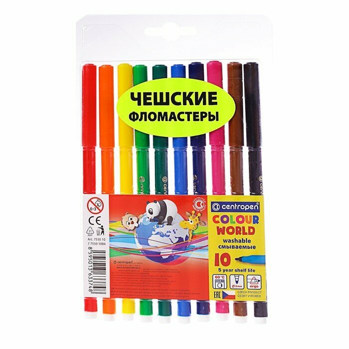 Фломастеры Centropen 10 цветов, 2,0 мм, Colour World, смываемые, европодвес, линия 1,0 мм