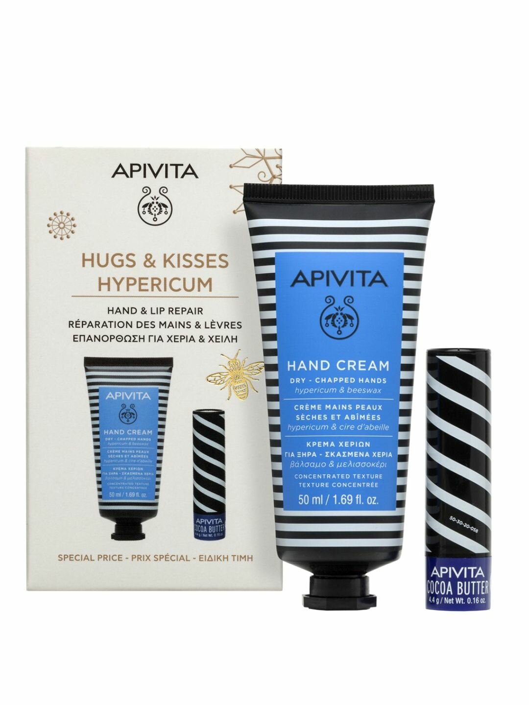 Апивита набор Крем для сухих и потрескавшихся рук, 50 мл + Интенсивно увлажняющий уход для губ SPF 20, 4,4 г | APIVITA