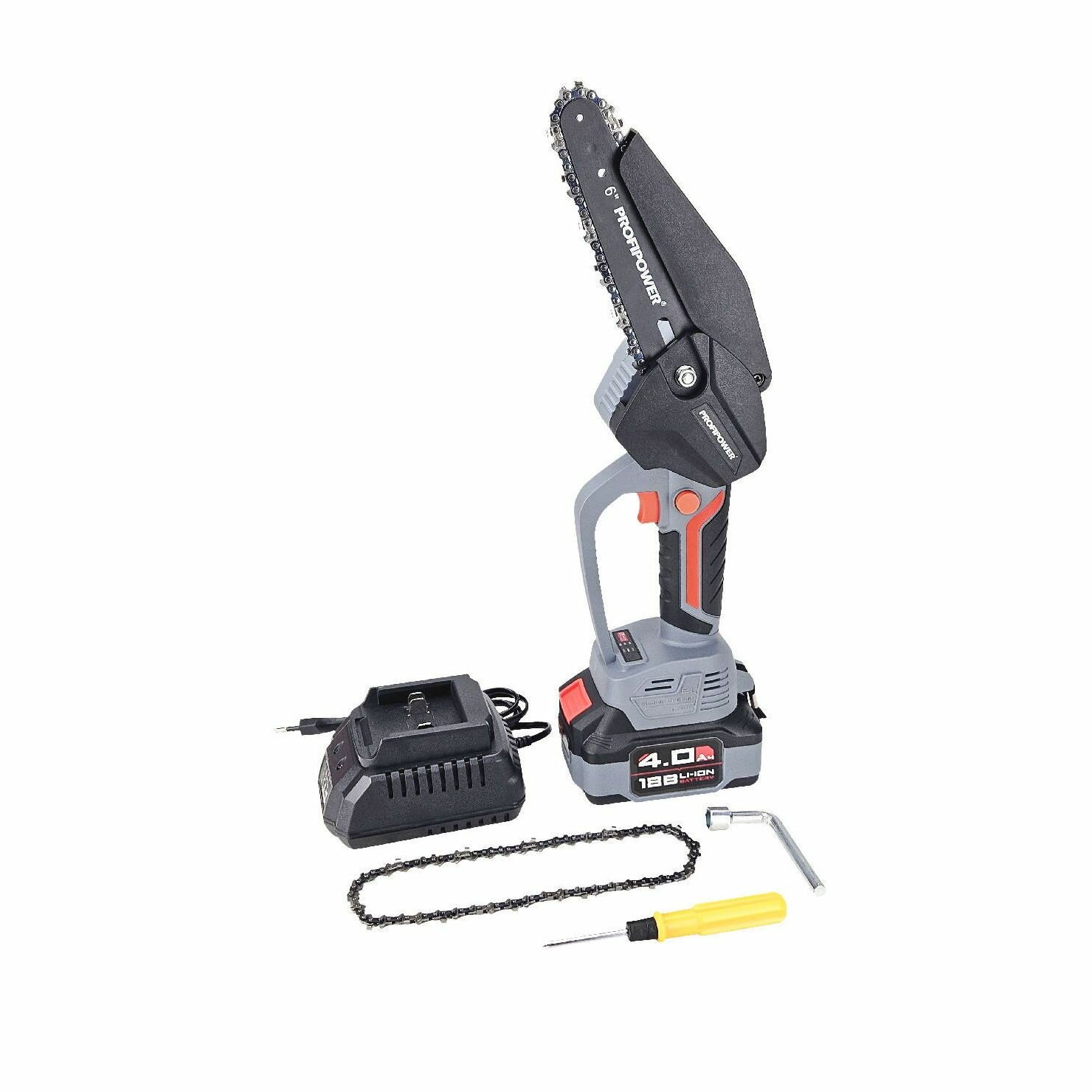 Пила цепная ProfiPower E0097, бесщеточный электродвигатель, Li-Ion аккумулятор 18В, 4Ач