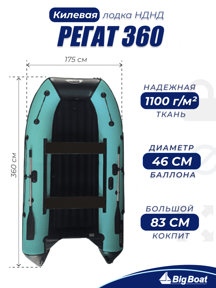 Надувная, под мотор, килевая лодка из ПВХ для рыбалки Regat (Регат) 360 НДНД
