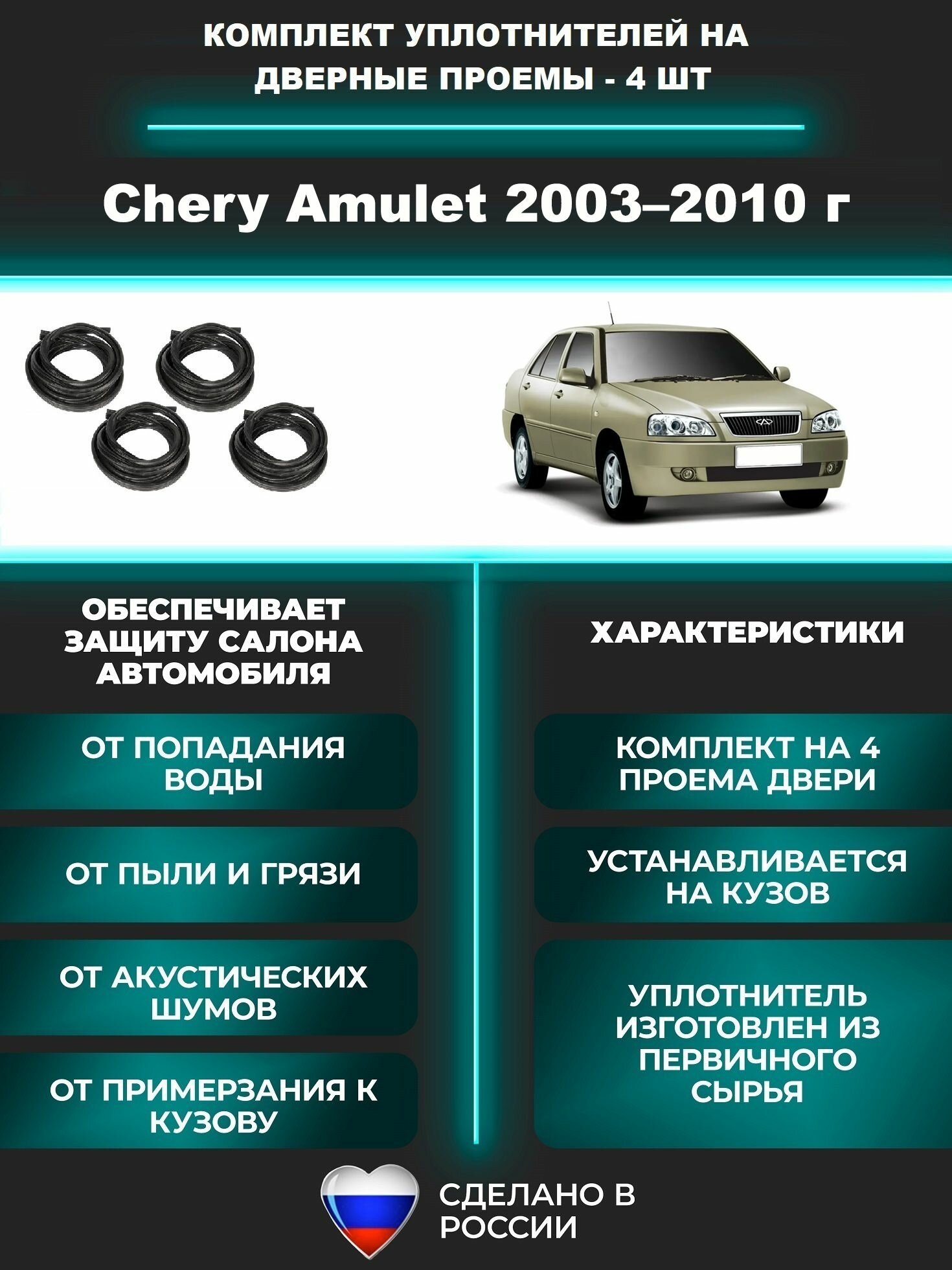 Комплект уплотнителей дверей на Chery Amulet 2003-2010г / Чери Амулет уплотнитель на 4 двери